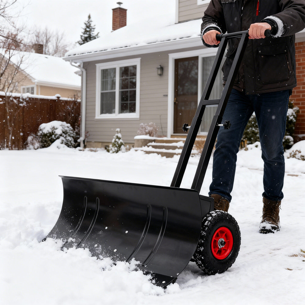 38.6" Blade Dual Bar Snow Shovel with Wheels Adjustable Angle Handle ...