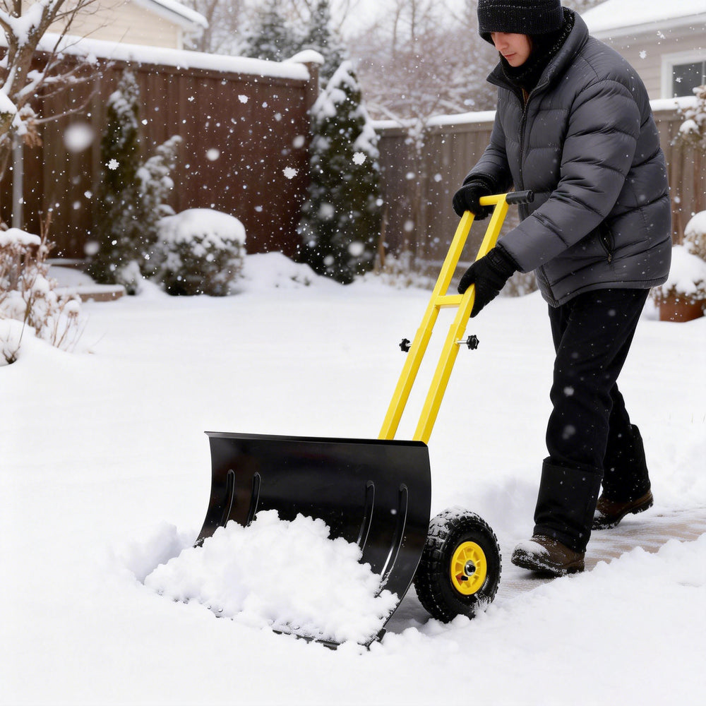 Dual Bar Snow Shovel with Wheels Snow Pusher Adjustable Handle & Blade ...